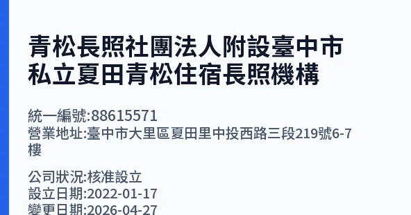 青松長照社團法人附設臺中市私立夏田青松住宿長照機構的照片-統編 88615571(臺中市) 公司登記資料與營業項目詳細圖表