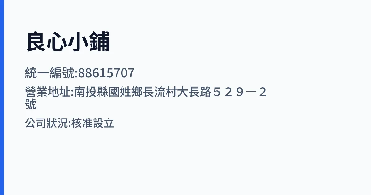 良心小鋪 - 統編 88615707(南投縣) 公司登記資料與營業項目詳細圖表