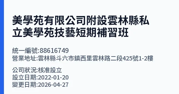 美學苑有限公司附設雲林縣私立美學苑技藝短期補習班的照片-統編 88616749(雲林縣) 公司登記資料與營業項目詳細圖表