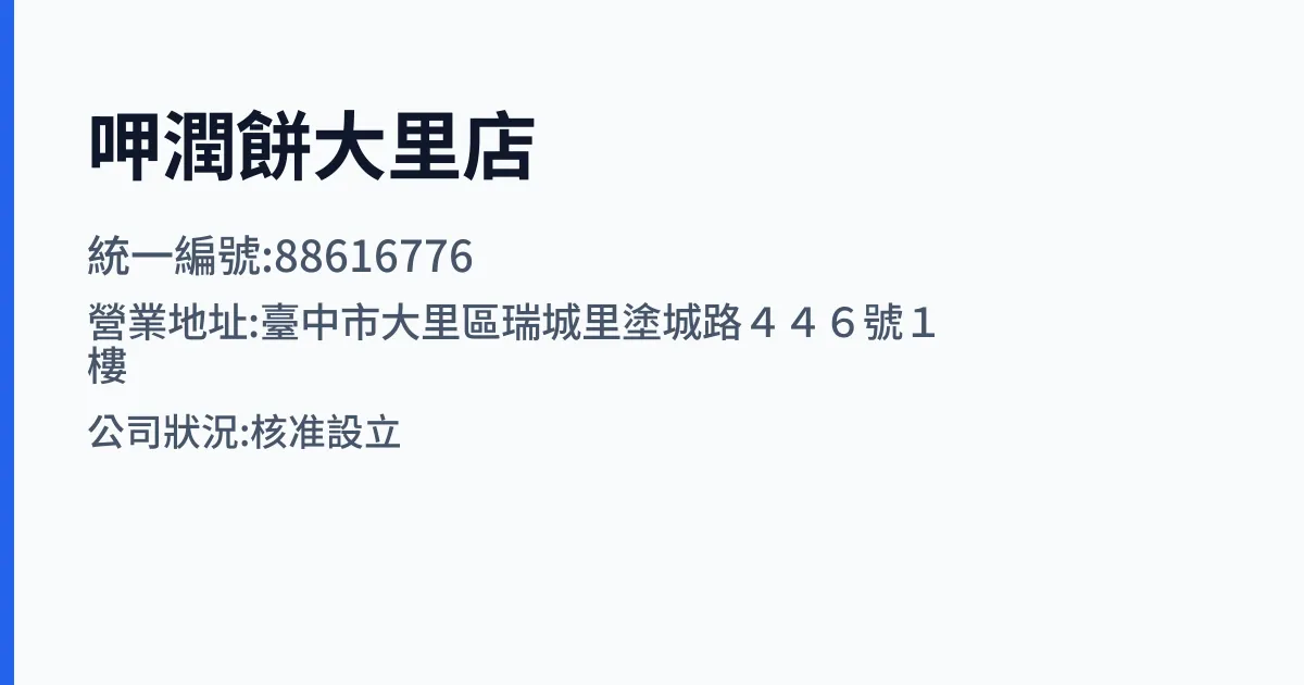 呷潤餅大里店 - 統編 88616776(臺中市) 公司登記資料與營業項目詳細圖表