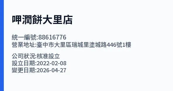 呷潤餅大里店的照片-統編 88616776(臺中市) 公司登記資料與營業項目詳細圖表