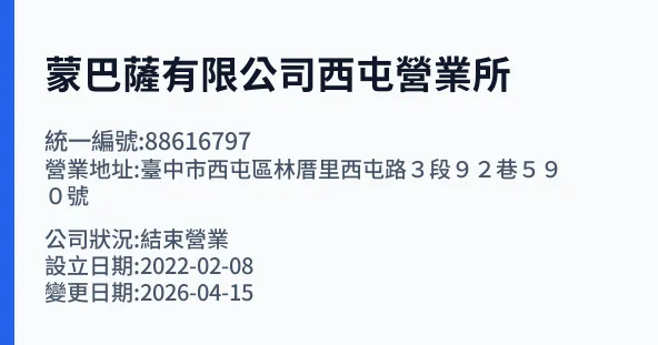 蒙巴薩有限公司西屯營業所的照片-統編 88616797(臺中市) 公司登記資料與營業項目詳細圖表