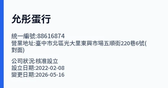 允彤蛋行的照片-統編 88616874(臺中市) 公司登記資料與營業項目詳細圖表