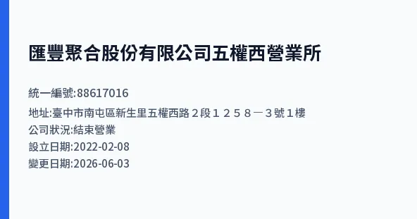 匯豐聚合股份有限公司五權西營業所的照片-統編 88617016(臺中市) 公司登記資料與營業項目詳細圖表