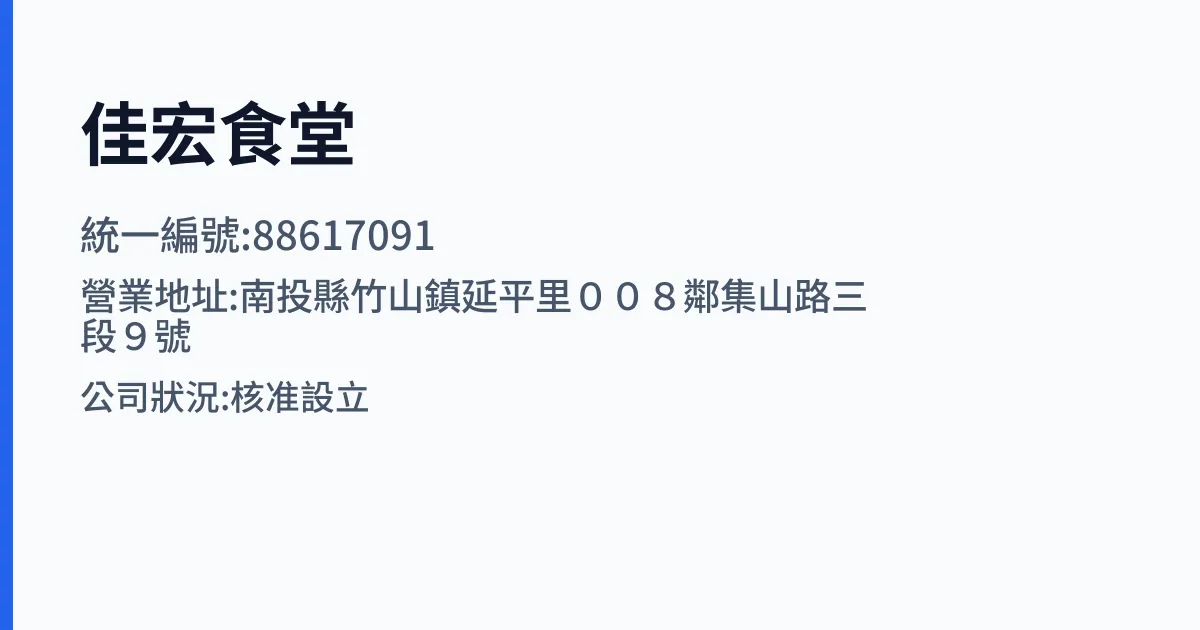 佳宏食堂 - 統編 88617091(南投縣) 公司登記資料與營業項目詳細圖表