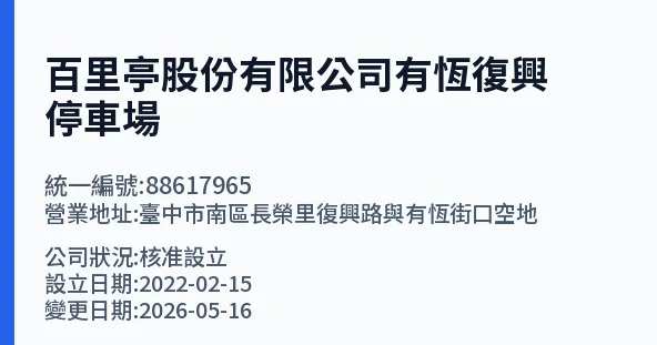 百里亭股份有限公司有恆復興停車場的照片-統編 88617965(臺中市) 公司登記資料與營業項目詳細圖表