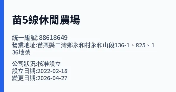 苗5線休閒農場的照片-統編 88618649(苗栗縣) 公司登記資料與營業項目詳細圖表