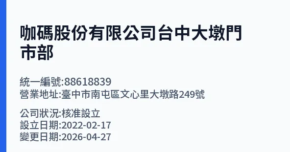咖碼股份有限公司台中大墩門市部的照片-統編 88618839(臺中市) 公司登記資料與營業項目詳細圖表