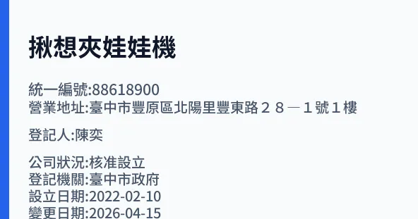 揪想夾娃娃機的照片-統編 88618900(臺中市) 公司登記資料與營業項目詳細圖表