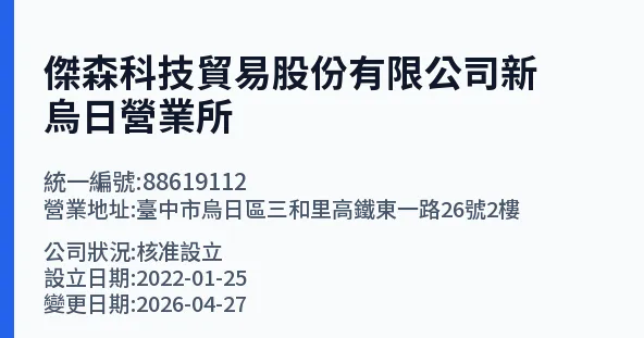 傑森科技貿易股份有限公司新烏日營業所的照片-統編 88619112(臺中市) 公司登記資料與營業項目詳細圖表