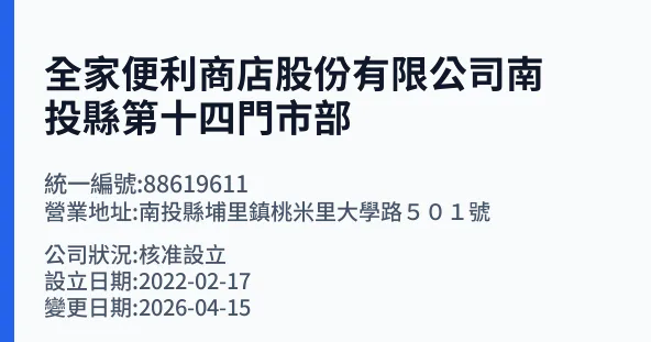 全家便利商店股份有限公司南投縣第十四門市部的照片-統編 88619611(南投縣) 公司登記資料與營業項目詳細圖表