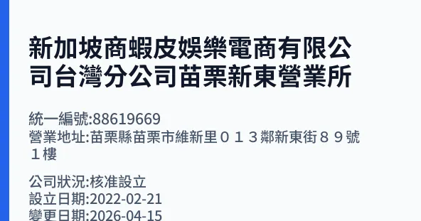 新加坡商蝦皮娛樂電商有限公司台灣分公司苗栗新東營業所的照片-統編 88619669(苗栗縣) 公司登記資料與營業項目詳細圖表