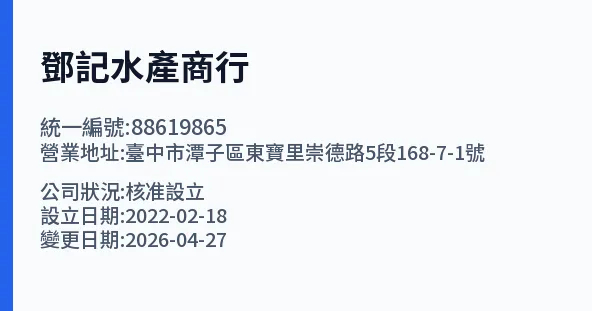 鄧記水產商行的照片-統編 88619865(臺中市) 公司登記資料與營業項目詳細圖表