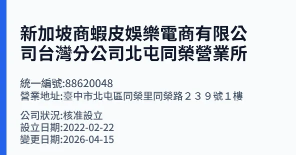 新加坡商蝦皮娛樂電商有限公司台灣分公司北屯同榮營業所的照片-統編 88620048(臺中市) 公司登記資料與營業項目詳細圖表