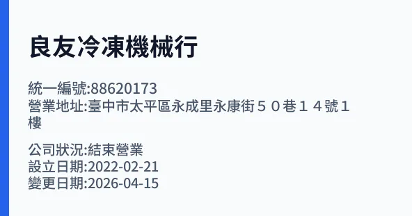 良友冷凍機械行的照片-統編 88620173(臺中市) 公司登記資料與營業項目詳細圖表