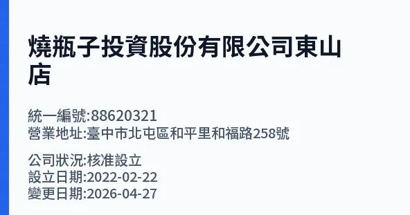 燒瓶子投資股份有限公司東山店的照片-統編 88620321(臺中市) 公司登記資料與營業項目詳細圖表