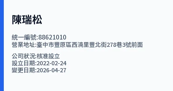 陳瑞松的照片-統編 88621010(臺中市) 公司登記資料與營業項目詳細圖表