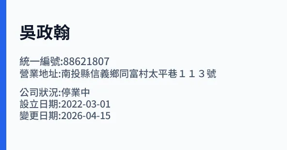 吳政翰的照片-統編 88621807(南投縣) 公司登記資料與營業項目詳細圖表