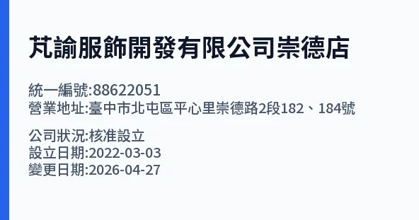 芃諭服飾開發有限公司崇德店的照片-統編 88622051(臺中市) 公司登記資料與營業項目詳細圖表