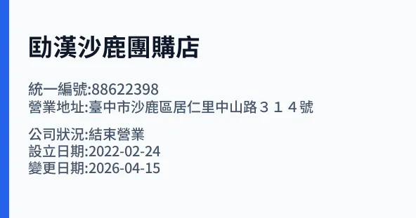 劻漢沙鹿團購店的照片-統編 88622398(臺中市) 公司登記資料與營業項目詳細圖表