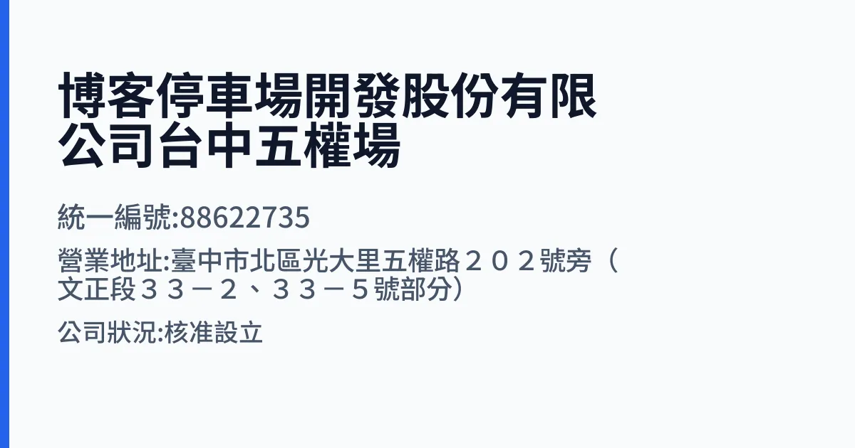博客停車場開發股份有限公司台中五權場 - 統編 88622735(臺中市) 公司登記資料與營業項目詳細圖表