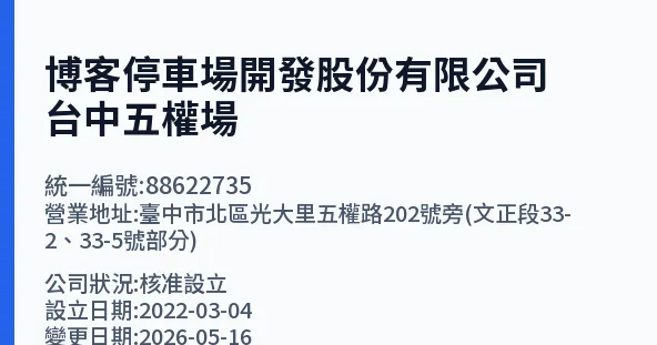 博客停車場開發股份有限公司台中五權場的照片-統編 88622735(臺中市) 公司登記資料與營業項目詳細圖表