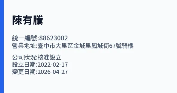 陳有騰的照片-統編 88623002(臺中市) 公司登記資料與營業項目詳細圖表