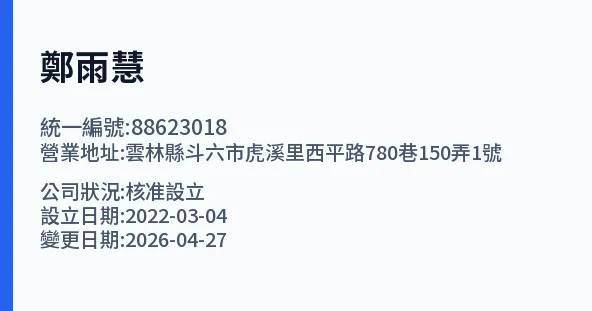 鄭雨慧的照片-統編 88623018(雲林縣) 公司登記資料與營業項目詳細圖表