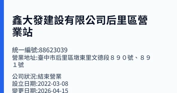 鑫大發建設有限公司后里區營業站的照片-統編 88623039(臺中市) 公司登記資料與營業項目詳細圖表