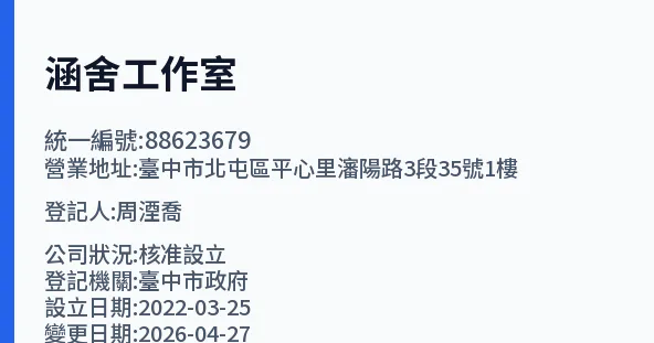 涵舍工作室的照片-統編 88623679(臺中市) 公司登記資料與營業項目詳細圖表