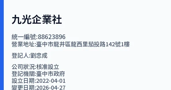 九光企業社的照片-統編 88623896(臺中市) 公司登記資料與營業項目詳細圖表