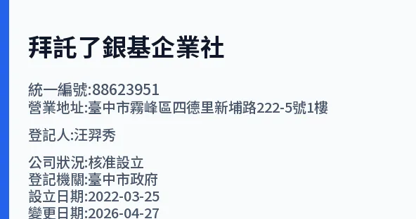 拜託了銀基企業社的照片-統編 88623951(臺中市) 公司登記資料與營業項目詳細圖表