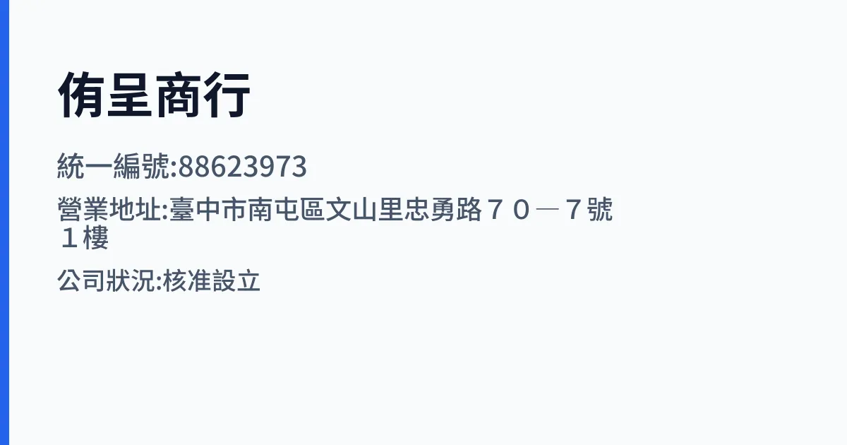 侑呈商行 - 統編 88623973(臺中市) 公司登記資料與營業項目詳細圖表