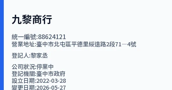 九黎商行的照片-統編 88624121(臺中市) 公司登記資料與營業項目詳細圖表