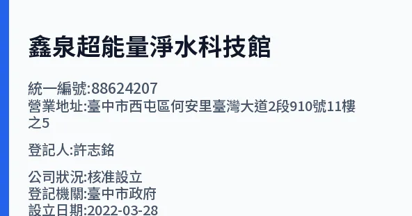 鑫泉超能量淨水科技館的照片-統編 88624207(臺中市) 公司登記資料與營業項目詳細圖表