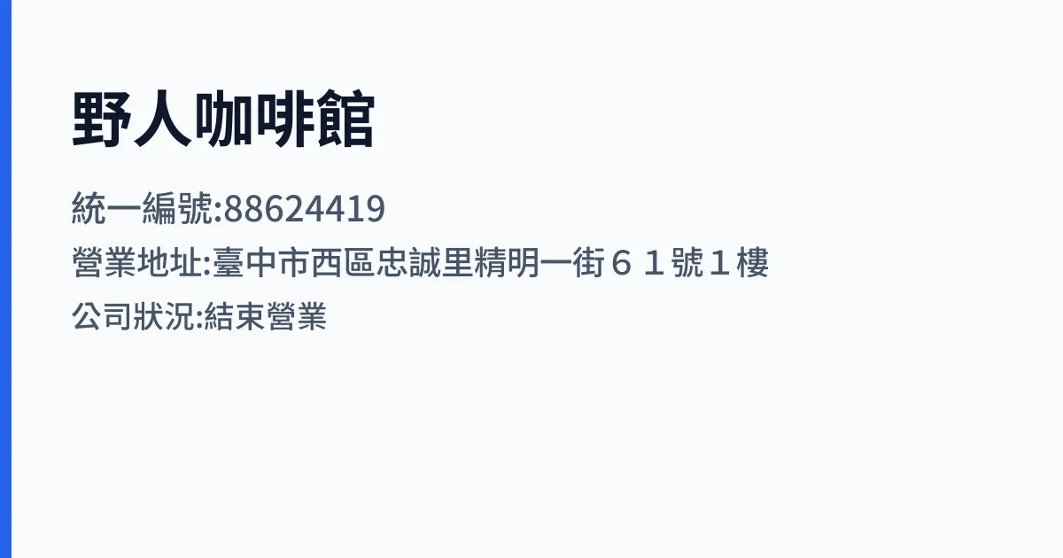 野人咖啡館 - 統編 88624419(臺中市) 公司登記資料與營業項目詳細圖表