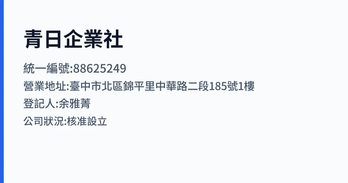 青日企業社 - 統編 88625249（臺中市） 公司登記資料與營業項目詳細圖表