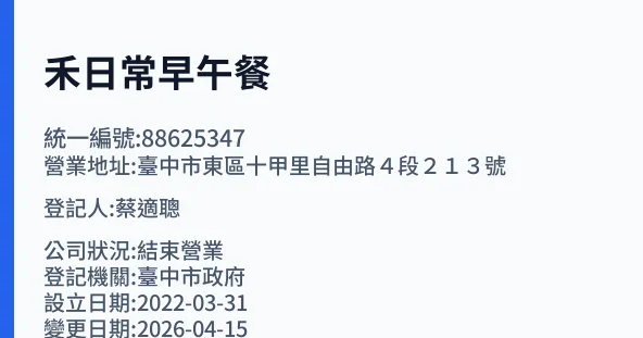 禾日常早午餐的照片-統編 88625347(臺中市) 公司登記資料與營業項目詳細圖表