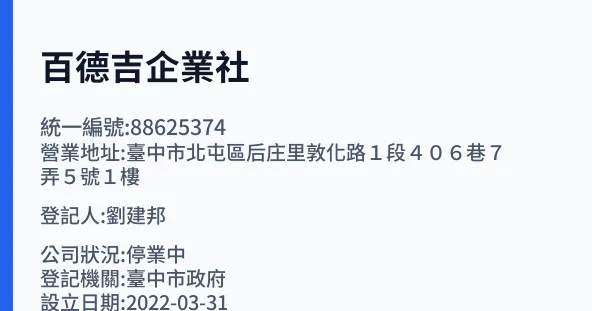 百德吉企業社的照片-統編 88625374(臺中市) 公司登記資料與營業項目詳細圖表