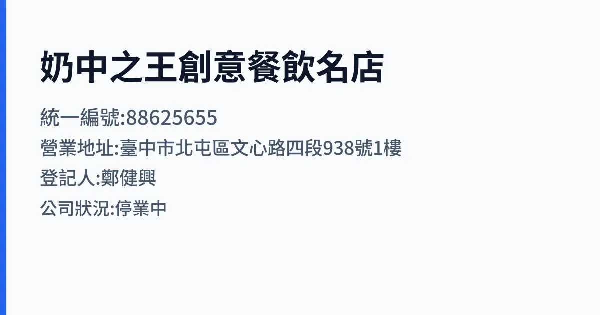 奶中之王創意餐飲名店 - 統編 88625655(臺中市) 公司登記資料與營業項目詳細圖表