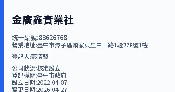 金廣鑫實業社的照片-統編 88626768(臺中市) 公司登記資料與營業項目詳細圖表