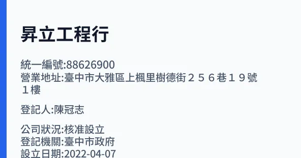昇立工程行的照片-統編 88626900(臺中市) 公司登記資料與營業項目詳細圖表
