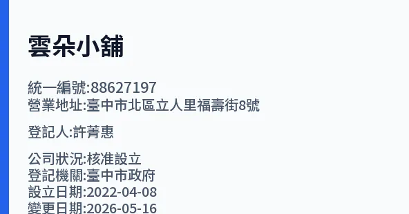 雲朵小舖的照片-統編 88627197(臺中市) 公司登記資料與營業項目詳細圖表