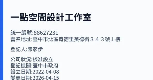 一點空間設計工作室的照片-統編 88627231(臺中市) 公司登記資料與營業項目詳細圖表