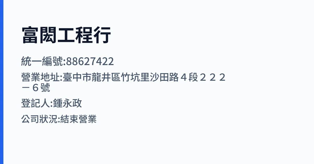 富閎工程行 - 統編 88627422(臺中市) 公司登記資料與營業項目詳細圖表