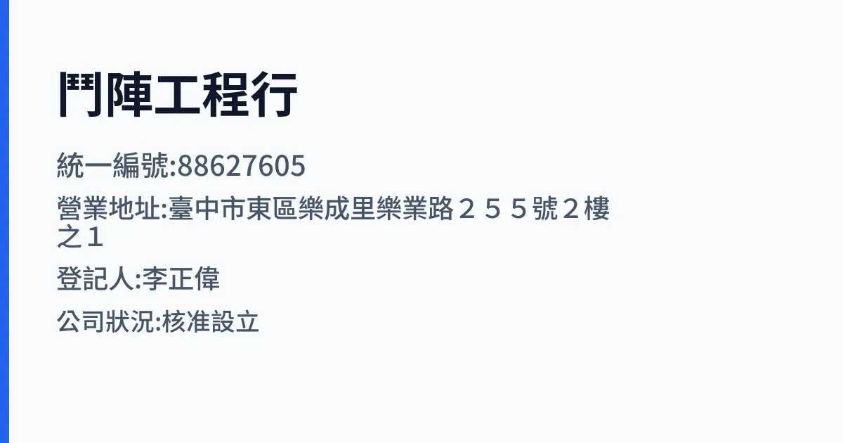鬥陣工程行 - 統編 88627605(臺中市) 公司登記資料與營業項目詳細圖表