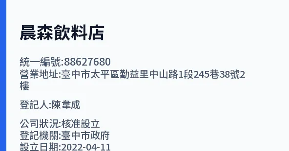 晨森飲料店的照片-統編 88627680(臺中市) 公司登記資料與營業項目詳細圖表