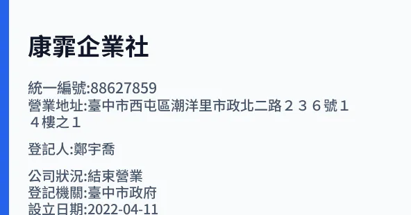 康霏企業社的照片-統編 88627859(臺中市) 公司登記資料與營業項目詳細圖表