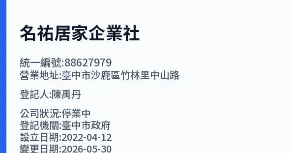 名祐居家企業社的照片-統編 88627979(臺中市) 公司登記資料與營業項目詳細圖表