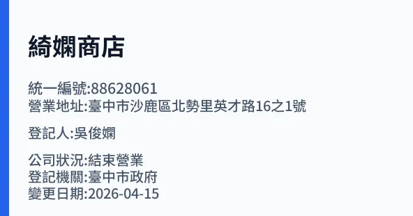 綺嫻商店的照片-統編 88628061(臺中市) 公司登記資料與營業項目詳細圖表